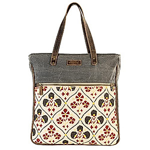 Tote Bags for Women by Sixtease - Large Tote Bag with Zipper Top - Genuine Leather Strap, Upcycled Canvas, Rug, Hair On and Hardware Accents - Vintage Style Hand Stitched - Fossil