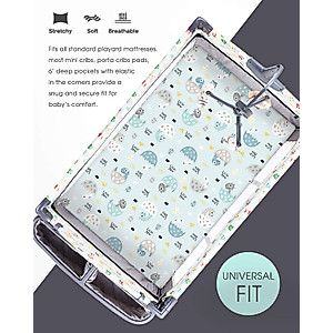 GRSSDER Stretchy Ultra Soft Jersey Knit Fitted Pack n Play Sheets Set 2 Pack, Portable/Mini Cribs Sheets, Happy Dinosaurs for Girls and Boys