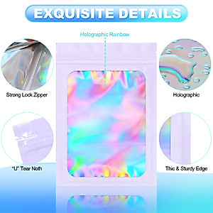 100 Pieces Smell Proof Mylar Bags- Resealable Holographic Packaging Pouch Bag with Clear Window for Food Storage Eyelash Jewelry Electronics Storage (Purple, 4 x 6 Inch)