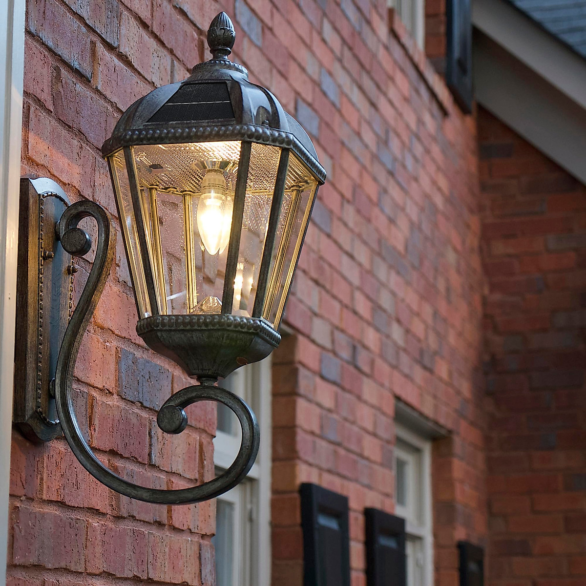 GAMA SONIC Solar Outdoor Wall Light, Royal Bulb Exterior Sconce Lamp, Weathered Bronze Finish Aluminum, Beveled Glass, Warm White LED with Omni-Direction Reflector, 98B310 (Upgraded Panel and Battery)