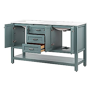 Spring Mill Cabinets Eaton Double Bathroom Vanity with 2 Cabinets, 3 Drawers, Open Shelf, Sink, 60.25" W x 18.75" D x 35.41" H, Sage/White Top