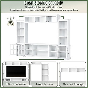 TV Stand for TV's up to 75 Inch with Open Bookshelf, Wine Cabinet & Display Cabinet, Multifunctional Entertainment Wall Unit with Bridge & Tempered Glass Door for Living Room