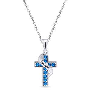 AFFY Round Simulated Blue Topaz Personalized Name Engraved Cross Pendant Necklace in 14k White Gold Over Sterling Silver 18" Chain