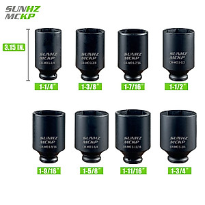 SUNKPMCKP 1/2" Drive Deep 6-Point Impact Socket Set, 8-Piece Standard SAE Spindle Axle Nut Impact Socket Set, Cr-Mo, 1-1/4-Inch to 1-3/4-Inch Size