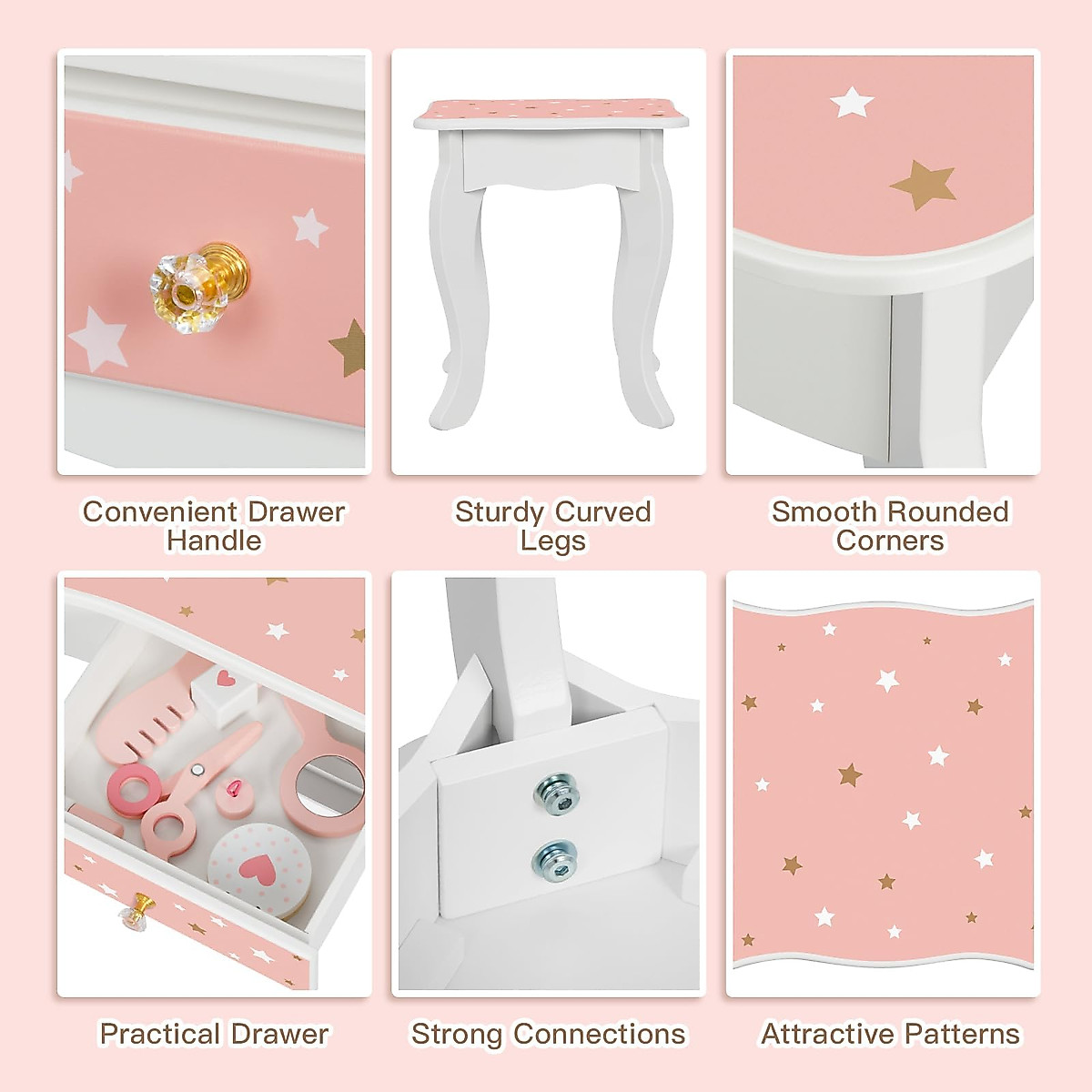 OOOK Kids Vanity Set, Girls Makeup Vanity Table and Chair Set, Premium Toddler Vanity Set with Detachable Tri-fold Mirror, Stool and Large Storage Drawer.