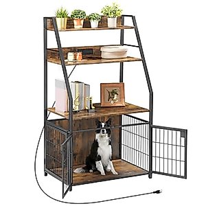 Dog Crate Furniture with Storage Shelves, 31.5 Inch Heavy Duty Dog Crate with Power Outlet, Wooden Dog Kennel Indoor Furniture for Small Medium Dogs, Three Doors, Rustic Brown and Black BF80UGW03