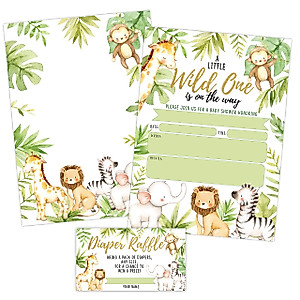 Your Main Event Prints Jungle Baby Shower Invitations, Safari Elephant, Giraffe, Lion and Monkey Baby Shower Invites with Diaper Raffles Cards, Sprinkle, 20 Invites Including Envelopes