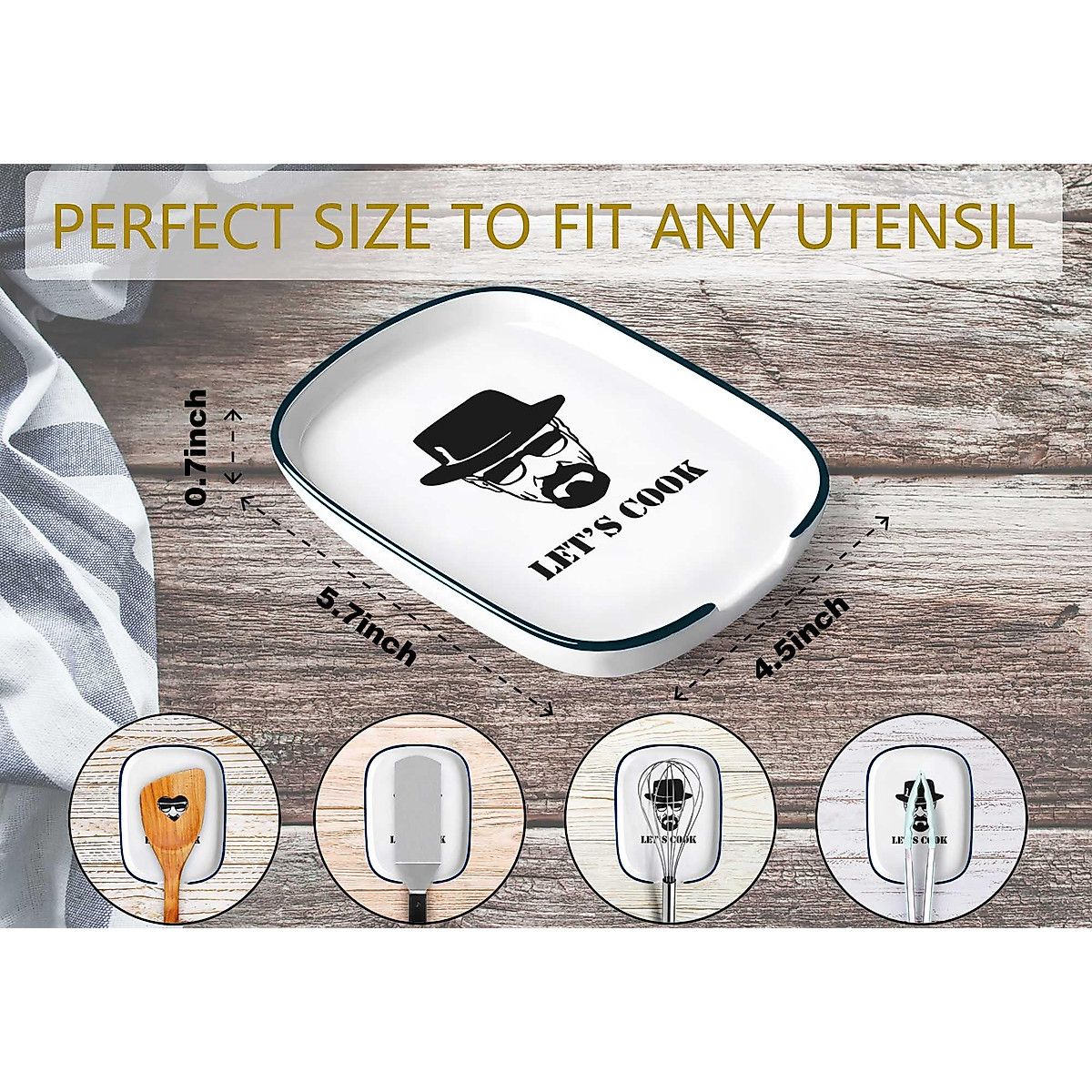 Kwtzkuo® Funny Let's Cook Spoon Rest, White Ceramic Spoon Rest for Stove Top, Unique Gift for Cooking Lovers, Housewarming Gift Home Party BBQ Accessories