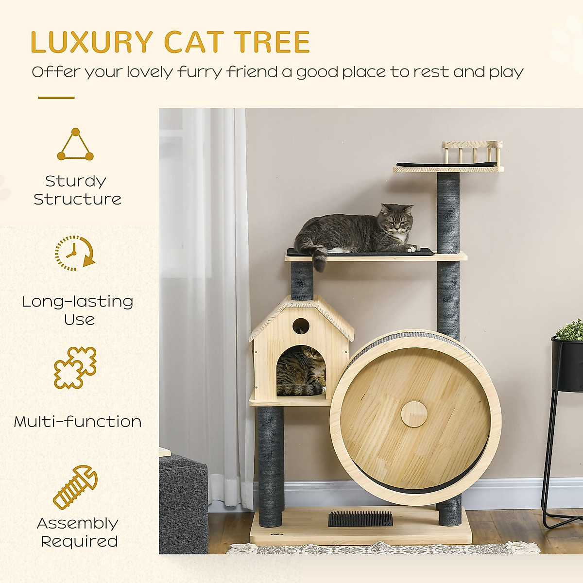 PawHut 56" Cat Tree Activity Condo Luxury Pine Wood with Hamster-Wheel, Sisal Scratching Posts, Elevated Perches, & Roomy Interior