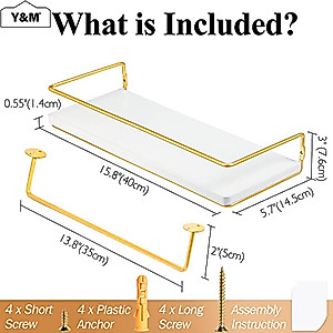 Y&M Floating Shelves Bathroom with Removable Towel Rack, Rustic Wall Mounted Storage Shelf for Bedroom, Office, Kitchen, Entryway Decor, White Pine Wood, Modern Golden Metal Frame - Set of 2