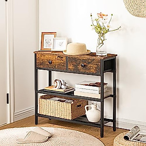 HOOBRO 29.5" Narrow Console Table with 2 Fabric Drawers, Small Entryway Table with 3-Tier Storage Shelves, Thin Sofa Table, Side Table, for Living Room, Hallway, Rustic Brown and Black BF72XG01
