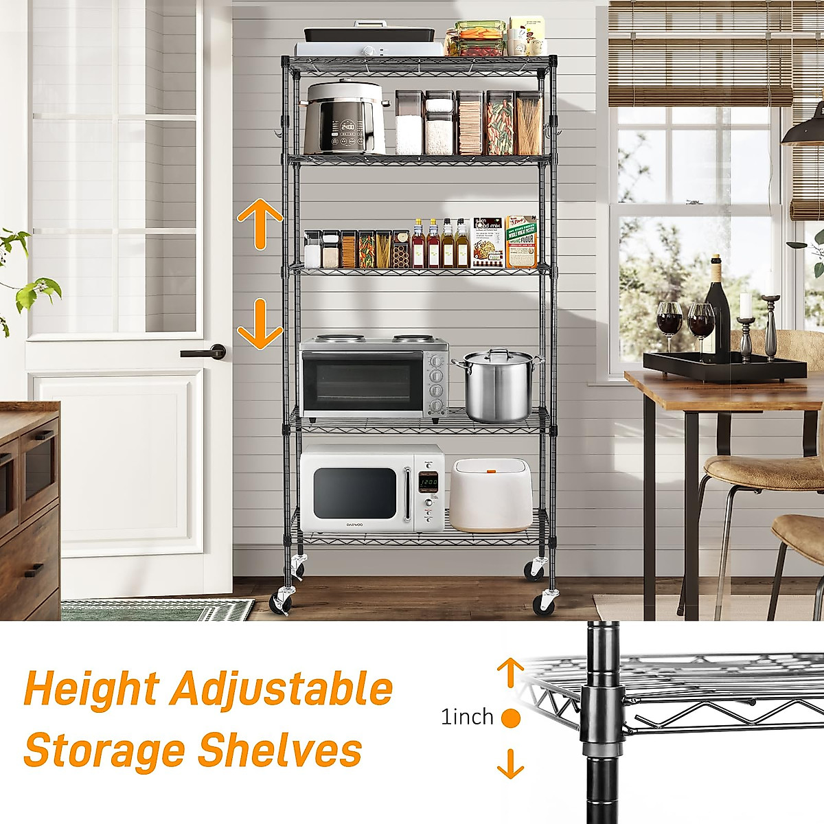 Storage Shelves 75"H Wire Shelving Unit with Wheels 1750LBS Heavy Duty Metal Shelves for Storage Adjustable 5-Tier Garage Storage Rack Kitchen Pantry Shelves Rolling Shelf on Casters, 14"D x36"W x75"H