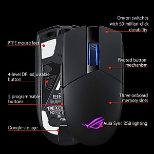 ASUS Optical Gaming Mouse - ROG Strix Impact II | Wireless Gaming Mouse with 16,000 DPI | 5 Programmable Buttons, RGB Lighting, 2.4 GHz, Long Battery Life, Lightweight, Ergonomic (Renewed)