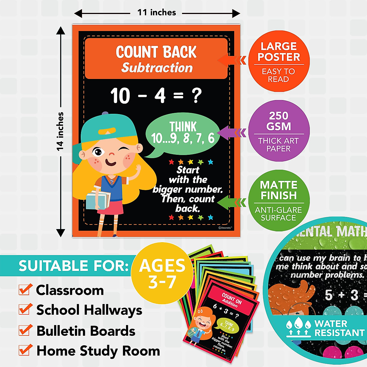 Decorably 20 Chalkboard Math Posters for Elementary School, 11x14in Matte-Laminated Educational Decor