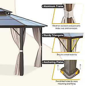 MELLCOM 12'x12' Hardtop Gazebo with Polycarbonate Double Roof, Aluminum Frame Outdoor Gazebo Permanent Pavilion with Curtains and Netting for Patio, Lawn & Garden