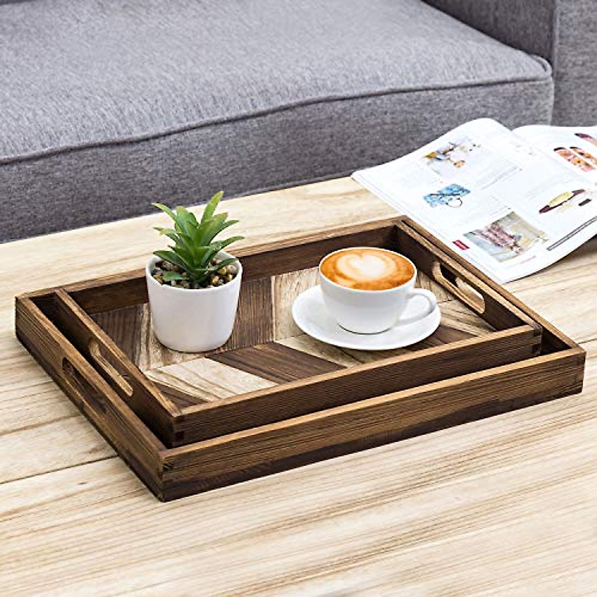 MyGift Large Wooden Nesting Breakfast Trays with Chevron Arrow Design - Burnt Brown Wood Snack Serving Tray with Cutout Handles, 2 Piece Set