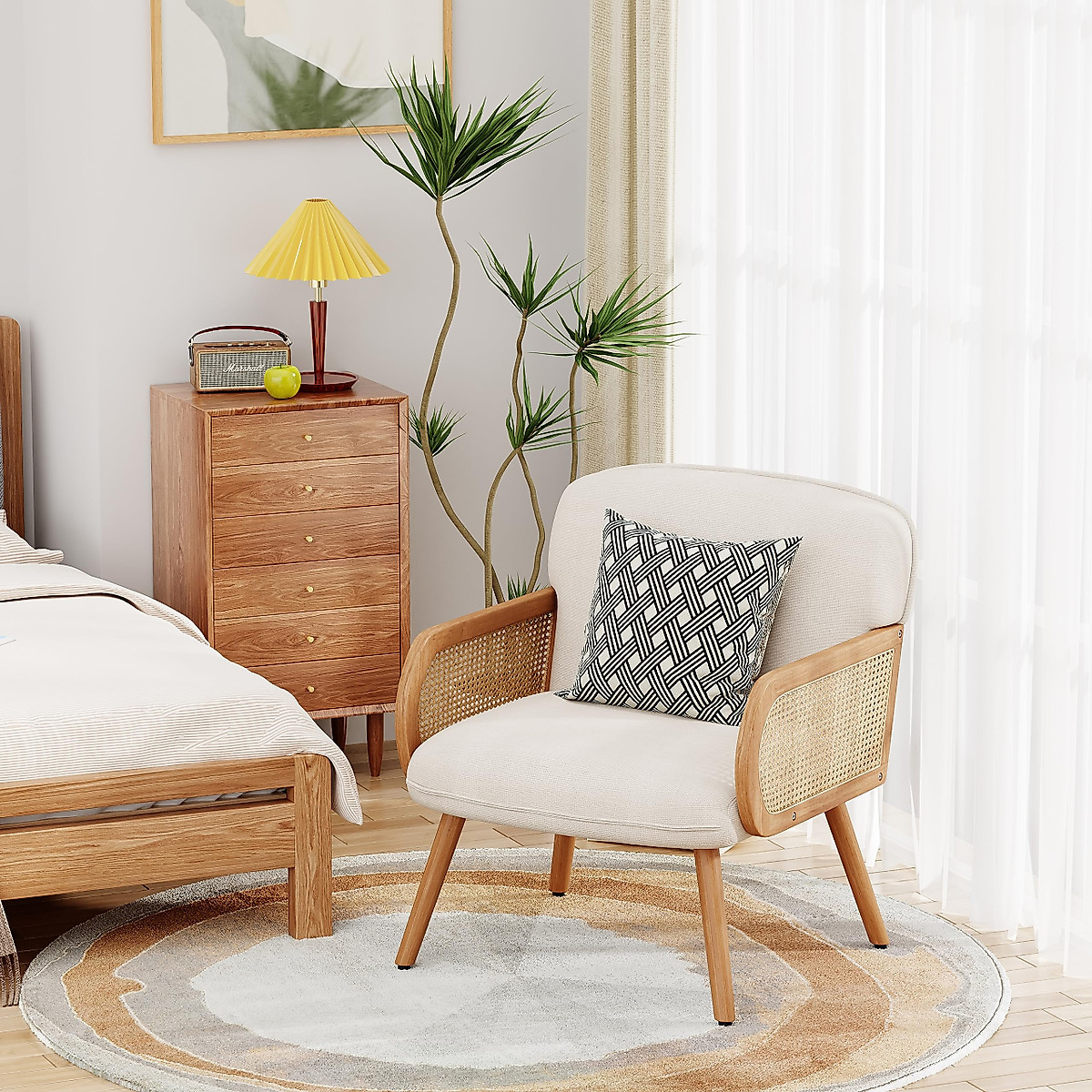 Andeworld Accent Chair with Rattan Arms,Upholstered Mid Century Modern Living Room Armchair, Side Club chair with Burlap Linen Fabric for Living Room Bedroom Balcony, Beige