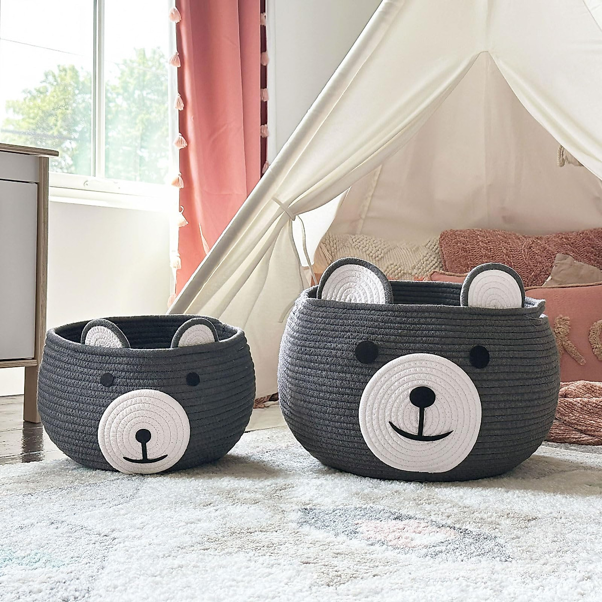 CherryNow Cute Bear Round Basket - Cotton Rope Baskets in Living Room Woven Baby Shower Basket Bedroom Storage Bakset for Children Corner Plant Basket Indoor, Grey, 10.5"D x 8.5"H