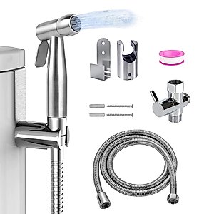 Handheld Bidet Sprayer Kit-Stainless Steel Douche Muslim Shower Spray with Hose Bidet Holder Valve for Toilet Cleaning, Pet Bath, Personal Hygiene (Includes T-Adapter)