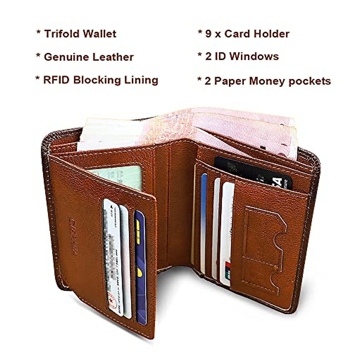 Ciephia RFID Blocking Trifold Genuine Leather Wallets for Men, Vintage Short Multi Function Credit Card Holder,Money Clips with 2 ID Windows Give Gifts to Men (Brown)