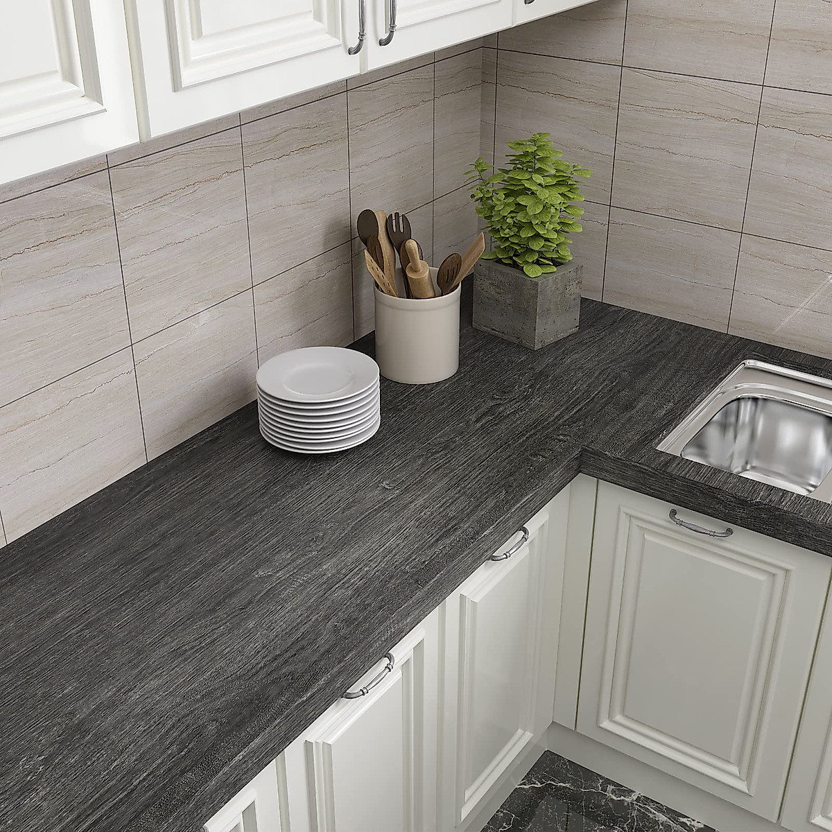 CHICHOME Large Size 30"x236" Dark Grey Wood Wallpaper Peel and Stick Wood Grain Contact Paper for Countertops Waterproof Thick Self Adhesive Distressed Wood Vinyl Wrap for Cabinets Drawer Furniture