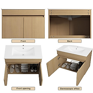 SSLine Modern 30" Floating Bathroom Vanity with Sink Wall Mounted Bathroom Vanity with Top Basin & Storage Cabinet Wood Hanging Vanity w/Ceramic Sink for Small Bath Powder Room (Light Oak)