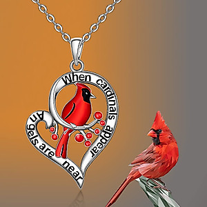 Cardinal Necklace Heart Red Bird Spiritual Memorial Engraved When Cardinal Appear Angels are Near Dainty Inspirational 925 Sterling Silver Animal Necklaces for Loss of Loved Heart