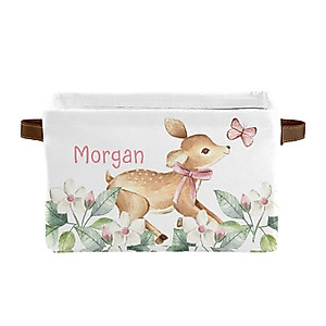 Joyestore Floral Deer Pink Butterfly Personalized Storage Bins ,Baskets Cubes Organizer with Handle for Shelves Closet Nursery Toy 1 Pack