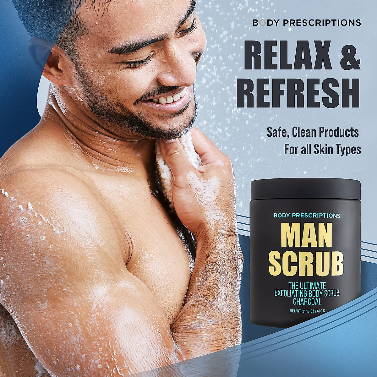 Body Prescriptions Men’s Exfoliating Body Scrub – Ultimate Skin Cleansing Wash in Jar with Twist-Top Lid, For All Skin Types, 21 Ounce (Pack of 1), Charcoal