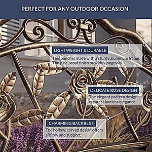 BELLEZE Outdoor Bench, Patio Outdoor Garden Bench Cast Aluminum Metal Loveseat Chairs for Park, Yard, Porch, Lawn, Balcony, Backyard, Antique Floral Rose Accent Seat Furniture, Bronze