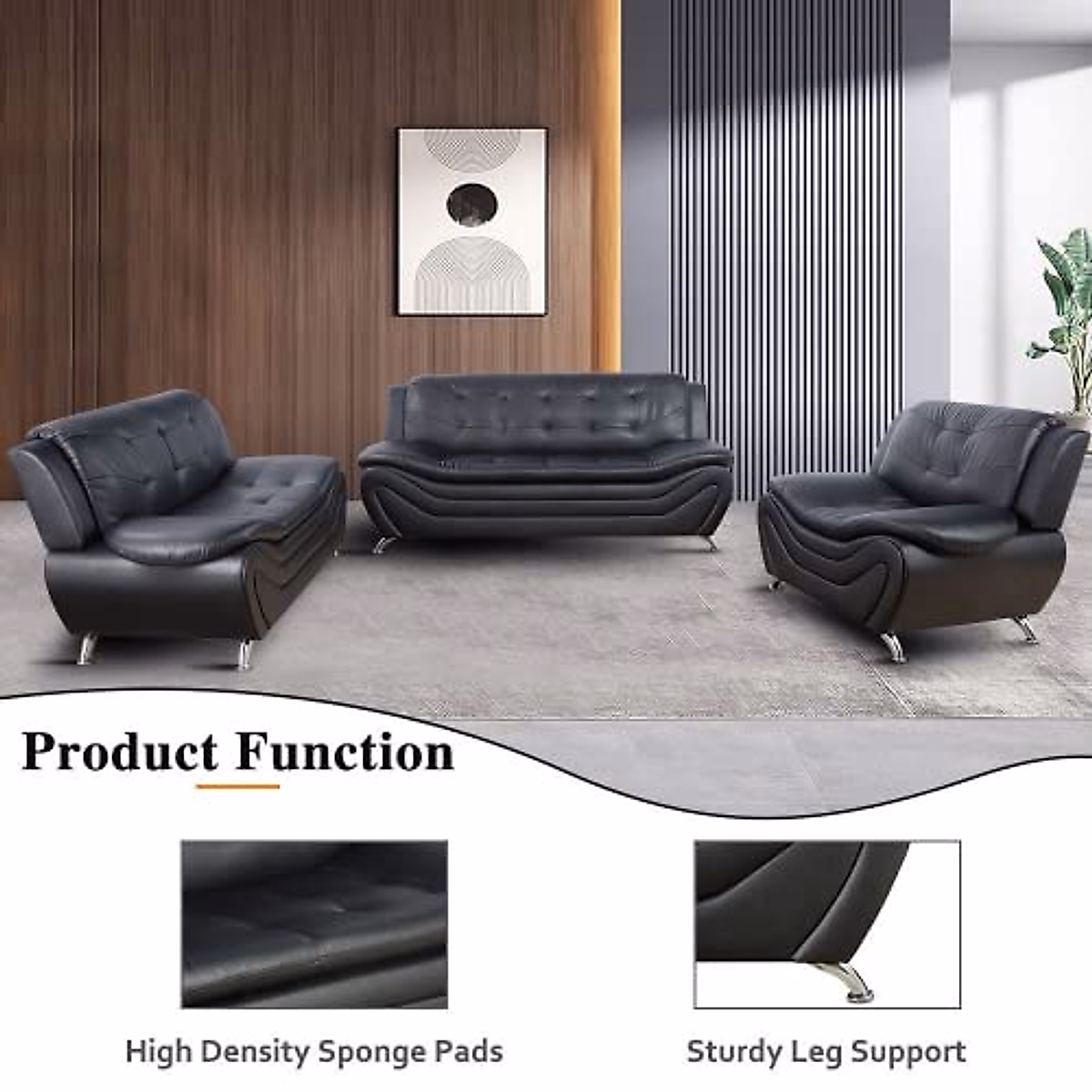 EZLUX Modern 3-Piece Faux Leather Sofa Set Living Room Furniture, with Sturdy Leg Support, Including Three-Seater Couch, Loveseat and Single Chair, Black