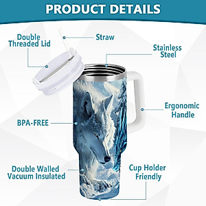 ODAWA Wolf Dragon White Tumbler Cup Reusable Tumbler with Straw Ice Coffee Cups