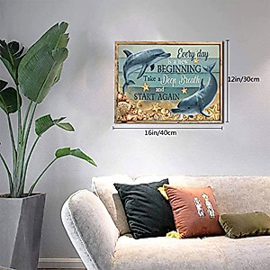 Dolphin Canvas Wall Art Inspiritional Wall Decor Every Day Is A New Beginning Nautical Ocean Painting Framed Artwork Ready To Hang for Living Room Bedroom Bathroom Home Decor 12x16 Inch
