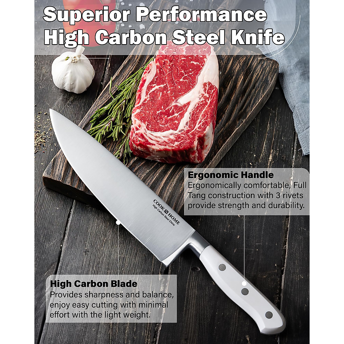 Cook N Home Kitchen Knife Set with Bamboo Storage Block 15-Piece, High Carbon Stainless Steel Blade, White