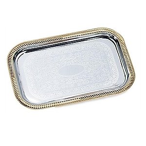 Vollrath Odyssey Serving Tray, rectangular, chrome plated, with decorative engraving on base of tray & decorative brass plated gold-tone rim, 19-2/3" x 14", imported (not dishwasher safe), 47266
