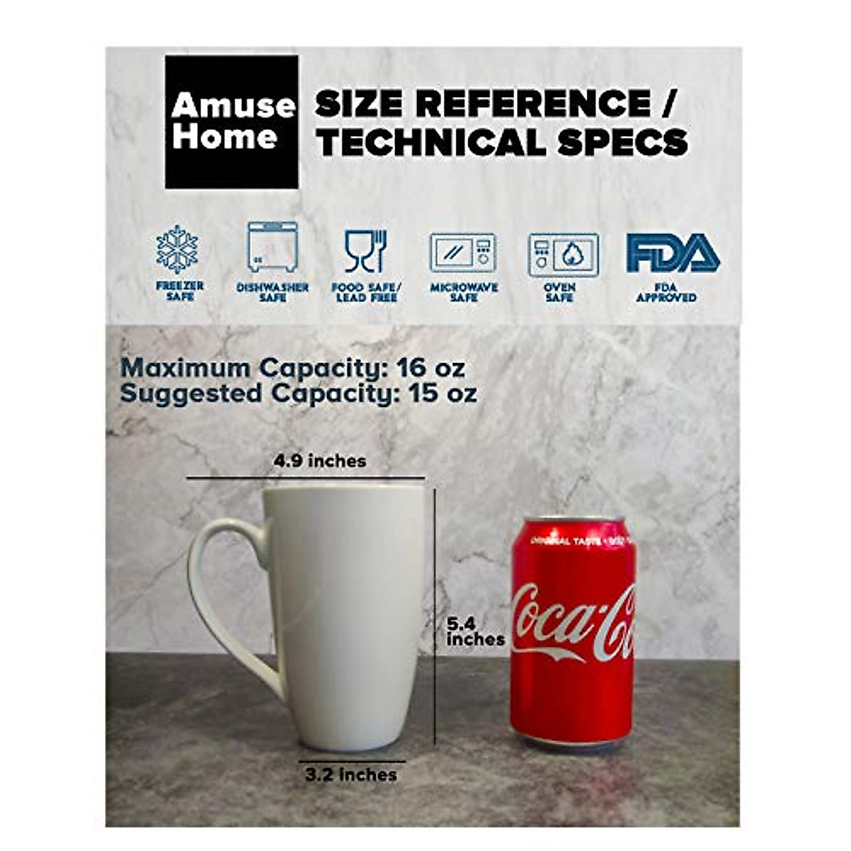 Amuse- Professional Barista Large Cozy Tall Mug for Coffee, Tea or Latte - Set of 6-16 oz