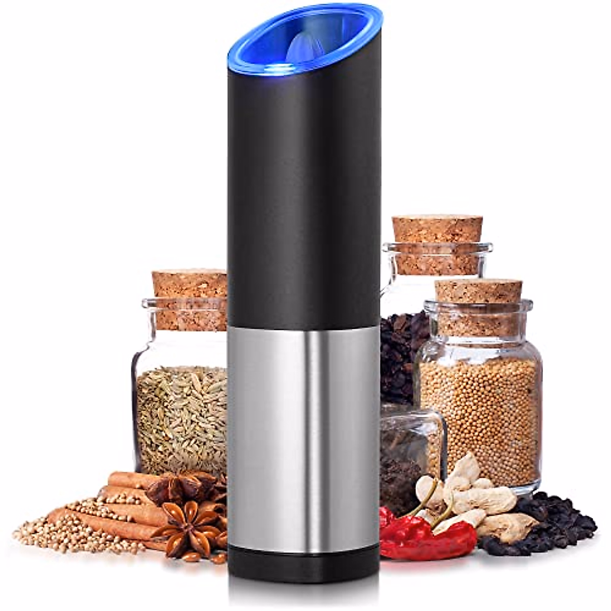 Mata1 Electric Spice Grinder (Black & Silver), Automatic Gravity Salt & Pepper Mill, Refillable w/Adjustable Coarseness, Stainless Steel Battery Operated Electronic Seasoning Grinder