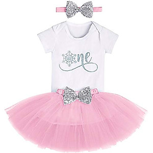 1st Birthday Snowflake Outfit Baby Girl Pink Silver Snow Flake One First Birthday Outfit Cake Smash Tutu for Photo Shoot Romper Skirt Headband Princess 1 Year Old Winter Theme Birthday Party Supplies