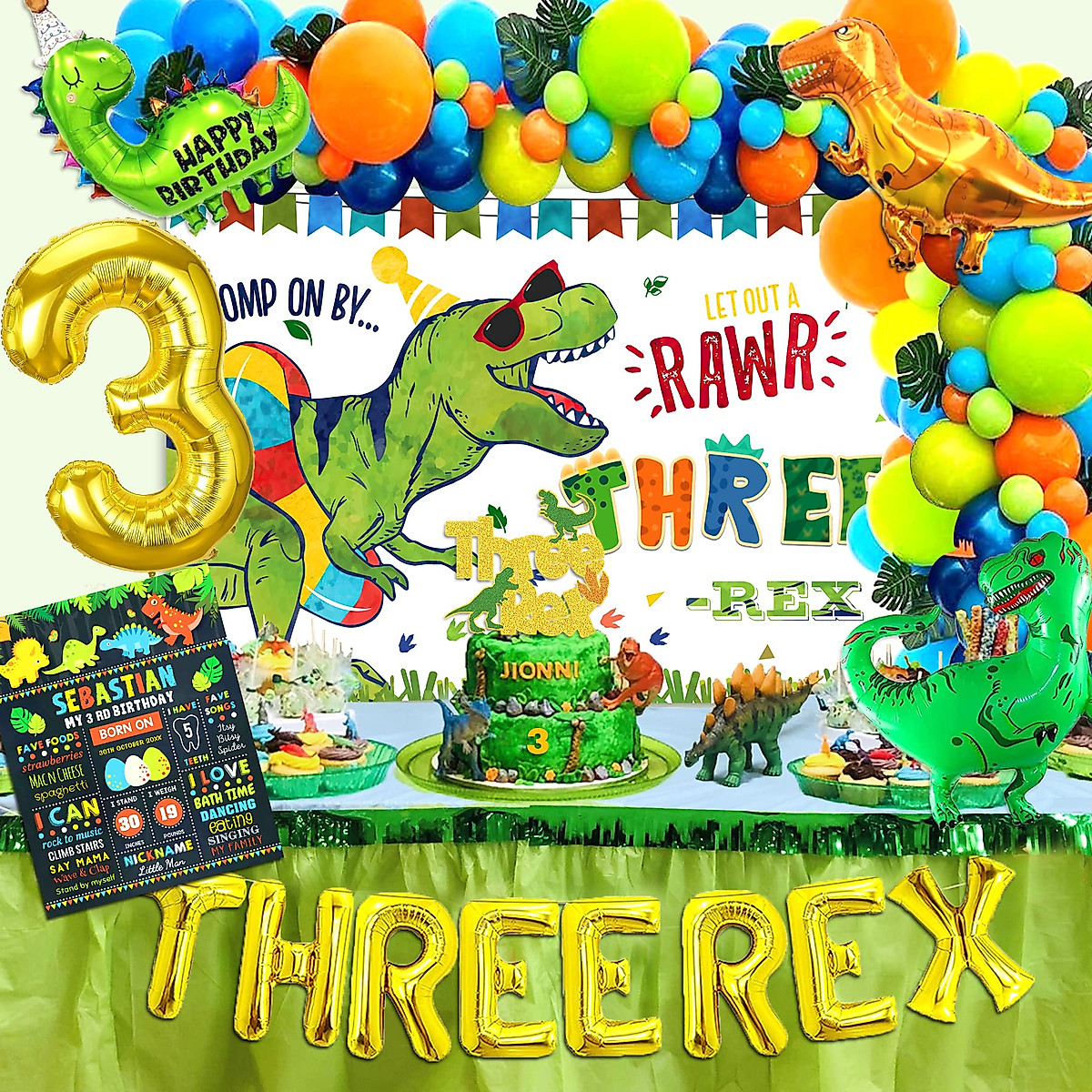 Three Rex Birthday Party Decorations Boy, Dinosaur 3rd Birthday Party Decorations Supplies,3 Rex Birthday Party with 3 Rex Birthday Backdrop Dinosaur Balloons Kit for 3rd Birthday Decorations for Boys