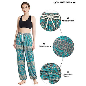 QIANXIZHAN Women's Harem Pants, Hippie Palazzo Pants Boho Joggers Yoga Clothes with Pockets Cyan Flower 2XL