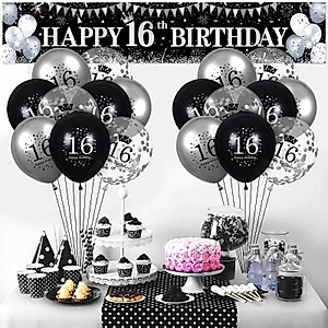 Black Silver Happy 16th Birthday Decorations Black Silver Happy 16th Birthday Banner Yard Sign and 18Pcs Black Silver 16th Birthday Balloons for Boys Girls Birthday Anniversary Party Decor Supplies