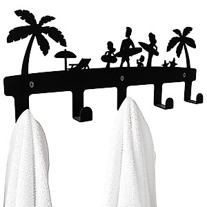 Family Beach Towel Rack for Bathroom Wall Mount Towel Holder Black Metal Towel Racks Rustproof and Waterproof Robes Coat Holder Bedroom Hanger Living Room Wall-Mounted-5 Hooks 16 Inch