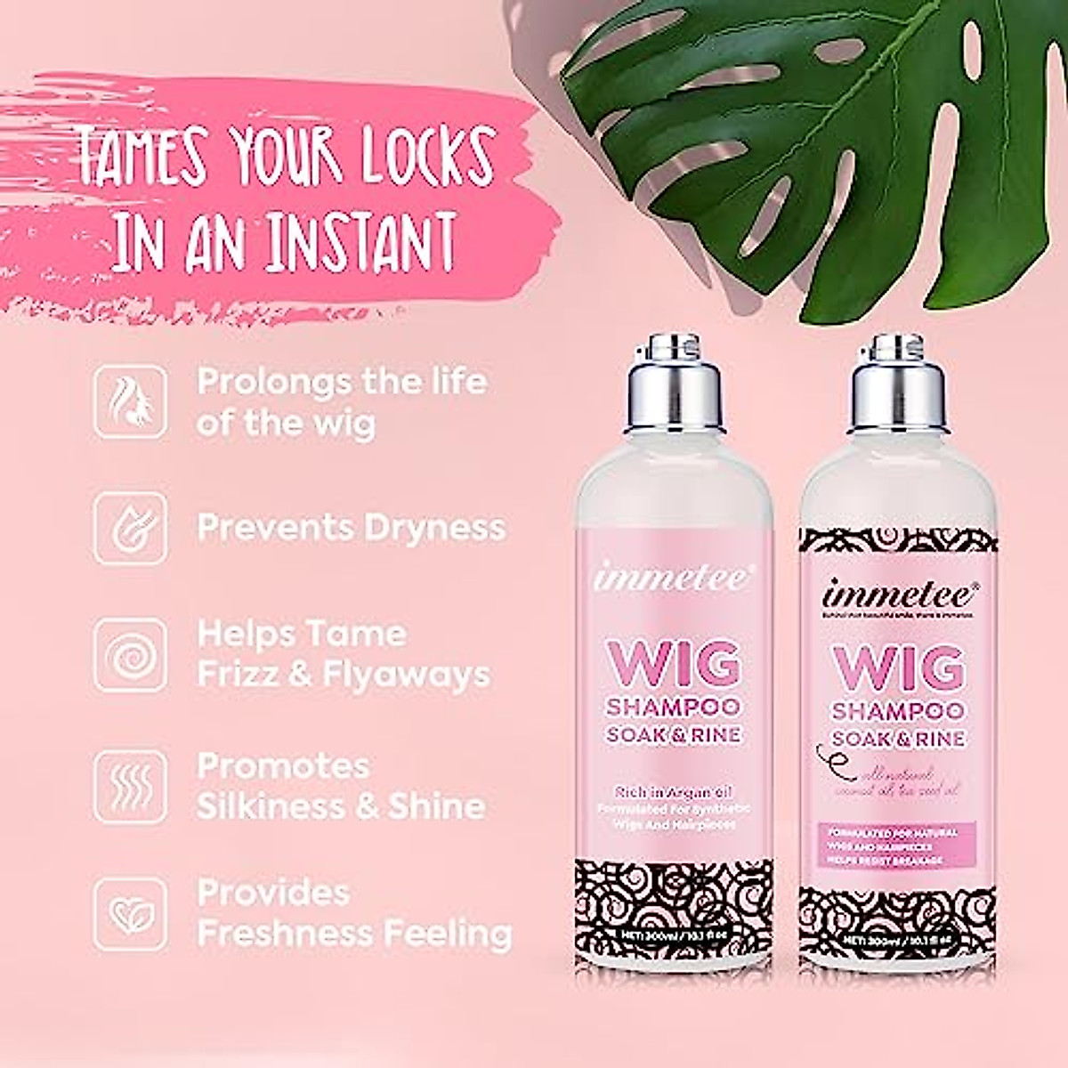 immetee 2 in 1 Shampoo & Conditioner for Wig, Soak & Rinse Wig Shampoo for Human and Synthetic Hair, Prolong Wig life. 300ml/10.1fl oz (For Natural Wigs)