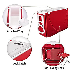 UNICOO - Multi-Function Rolling Cooler Picnic Camping Outdoor W/Table & 2 Chairs, Outdoor Picnic Foldable Upgraded Stool, Heat Insulation Box (Red)