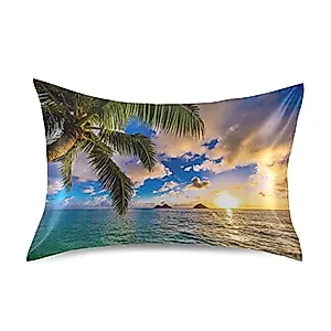 Tropical Beach Sea Sunrise Palm Tree Satin Pillowcase Silk Pillow Case for Hair and Skin Pillow Covers with Envelope Closure,Standard Size 20x26 Inch