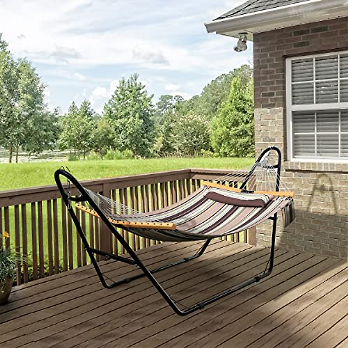 Double Hammock with Stand Included, Heavy-Duty 2 Person Hammock 550Lbs Capacity, Hammock Chair with Stand, Detachable Pillow and Cup Holder, Perfect for Indoor/Outdoor Patio, Deck, Yard(Brown)