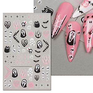 JMEOWIO 9 Sheets Pink Halloween Nail Art Stickers Decals Self-Adhesive Pegatinas Uñas Skull Cute Horror Ghost Witchy Spider Web Bat Pumpkin Nail Supplies Nail Art Design Decoration Accessories