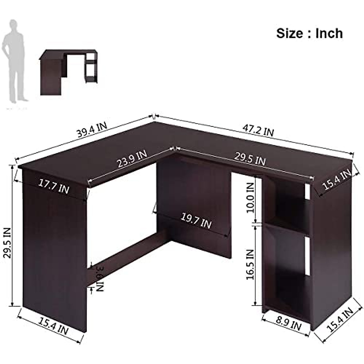 FurnitureR Computer Desk with Bookshelf Industrial Style Study Table Computer Gaming Desk with Storage, Wooden L-Shaped Corner Desk Save Space for Home Office, Brown