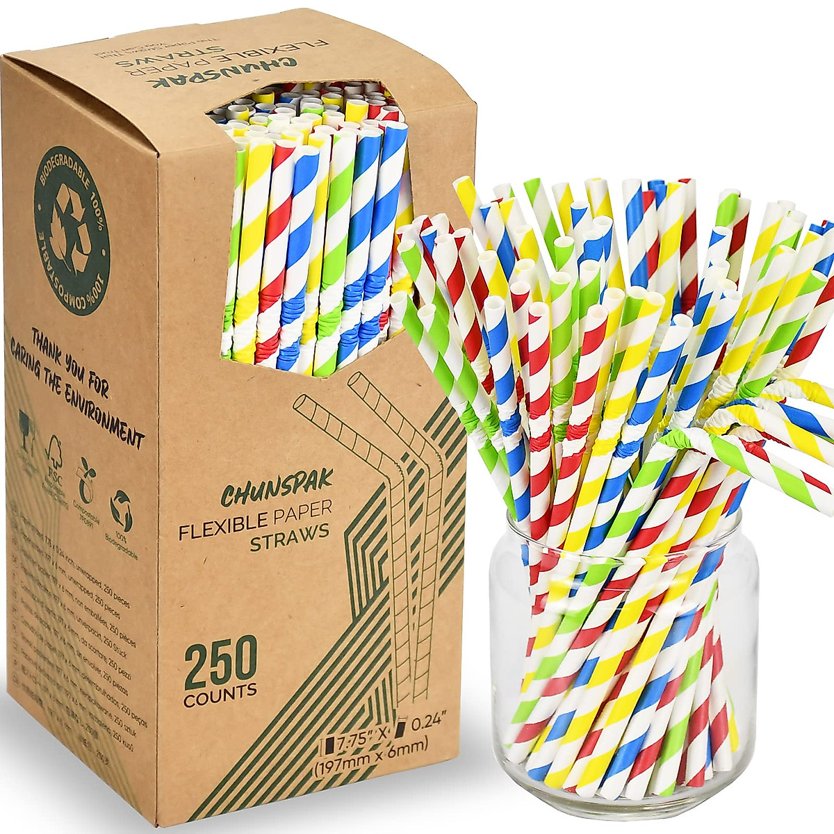 Flexible Paper Drinking Straws, 250 Count, 7.75" Long, 0.24" diameter - 100% Biodegradable - Assorted Striped Colors