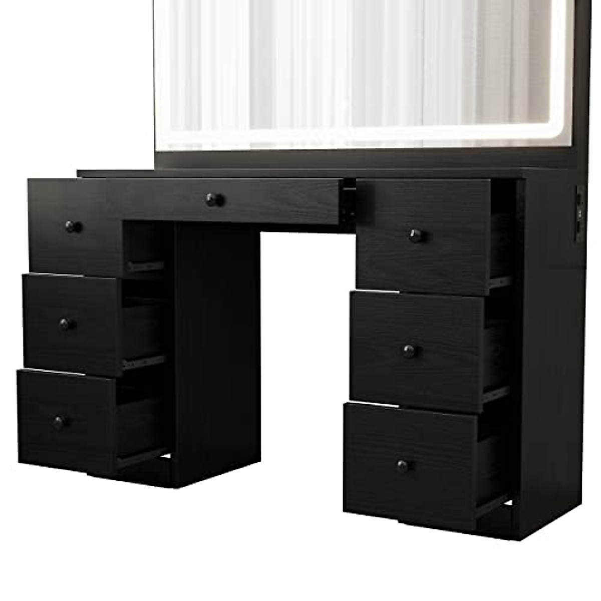 IRONCK Vanity Desk Set with LED Lighted Mirror & Power Outlet, 7 Drawers Makeup Vanities Dressing Table with Stool, for Bedroom, Black